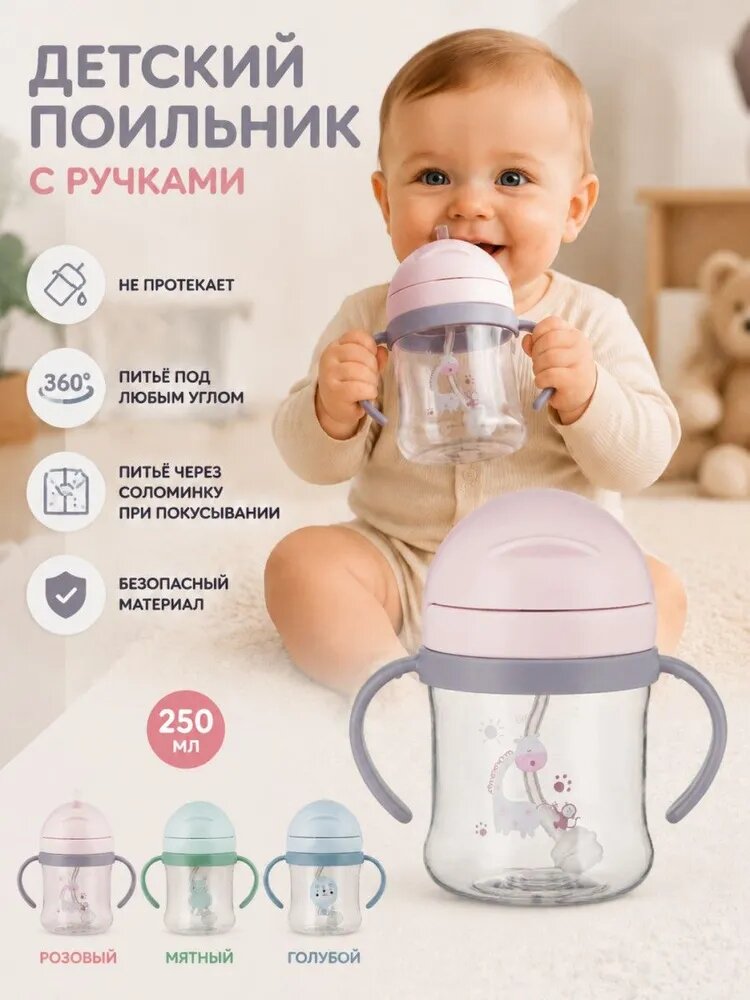 250мл, детская чашка для воды, Кружка-Поильник с силиконовой трубочкой, непроливайка, бутылка для кормления, с ручками