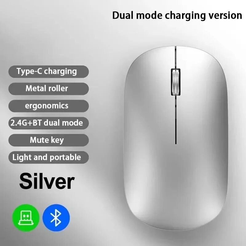 Беспроводная мышь Silver 2.4G+BT, Mute, Type-C