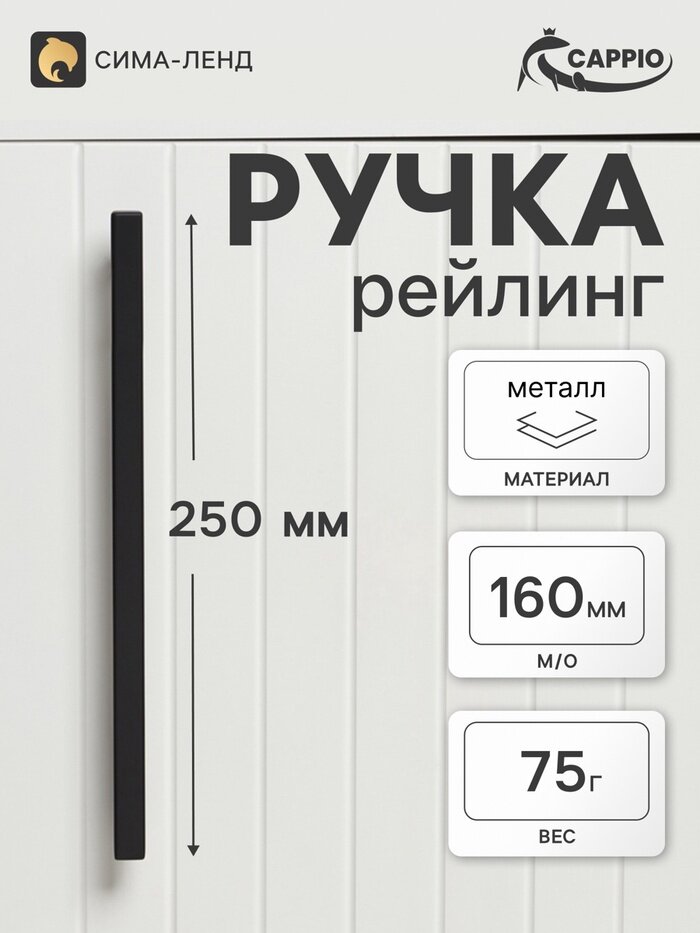 Ручка-рейлинг квадрат CAPPIO, м/о 160 мм, L=250 мм, цвет черный