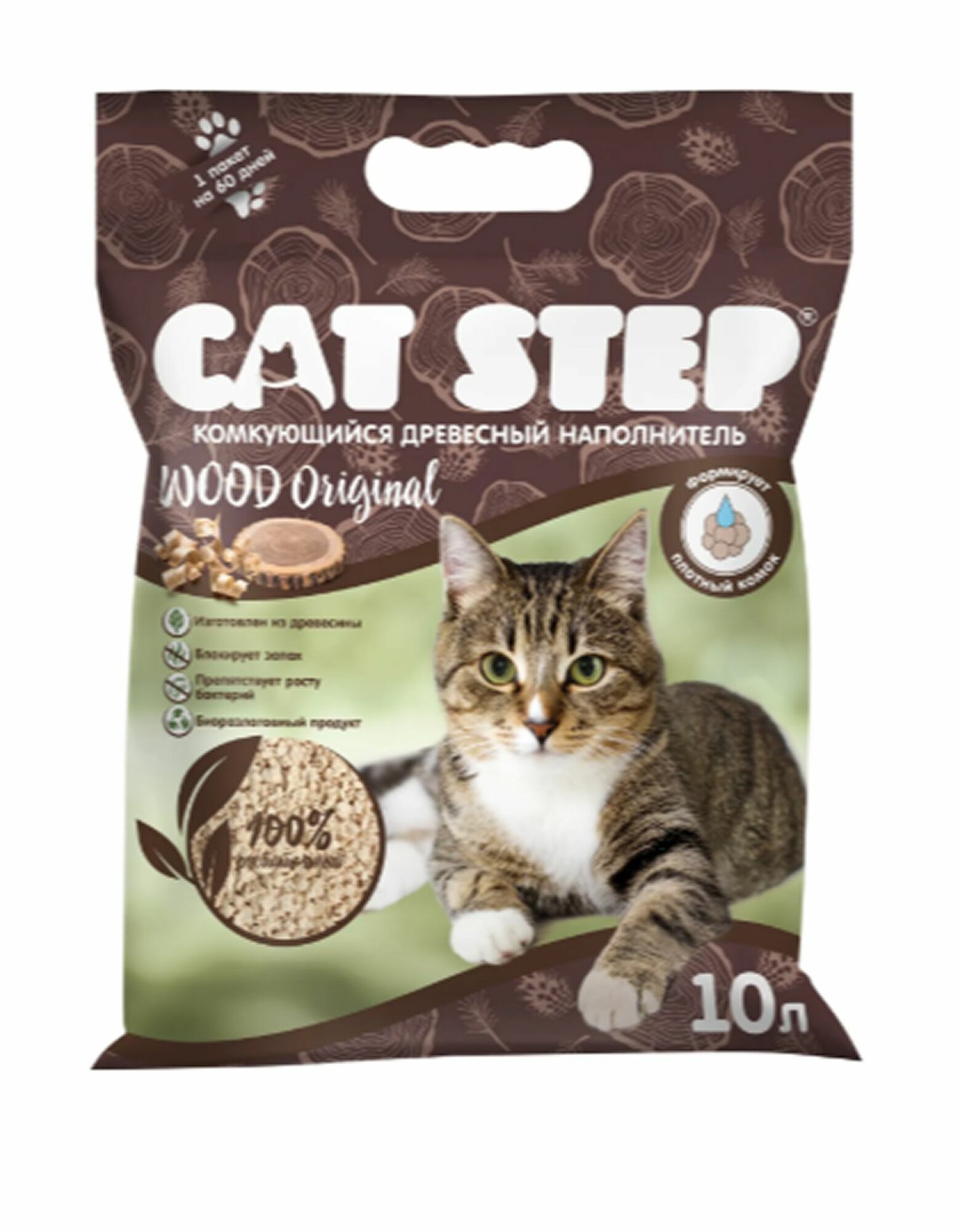 Cat Step Наполнитель для кошачьего туалета Wood Pellets, комкующийся растительный, 10 л