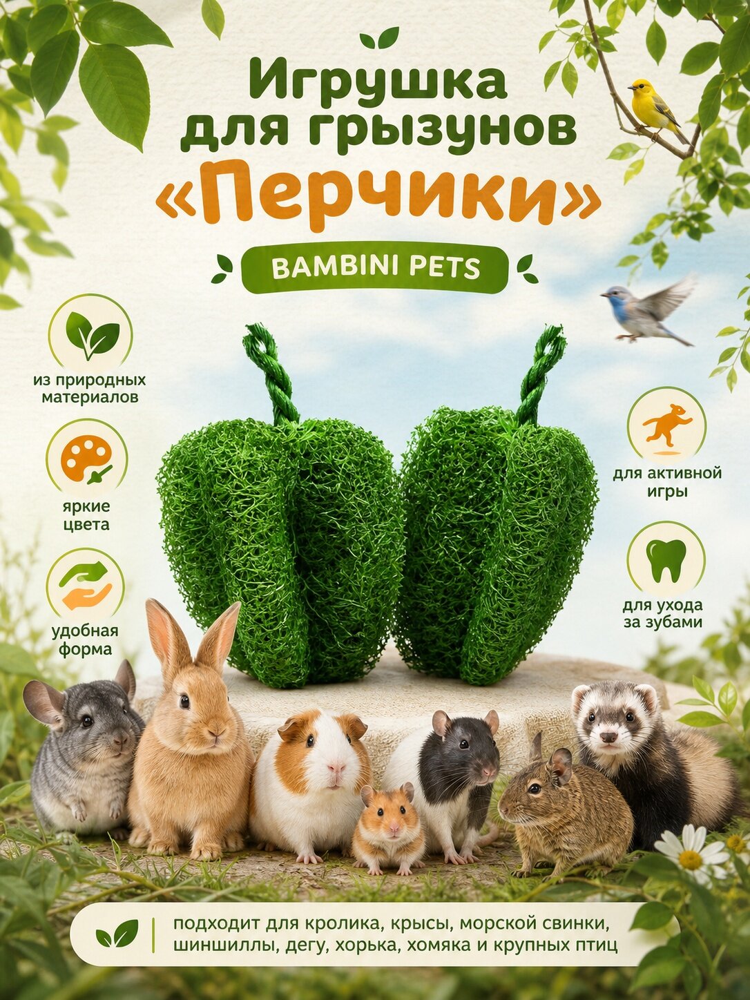 Bambini Pets Перчики игрушка из люфы для всех видов грызунов , 1 шт