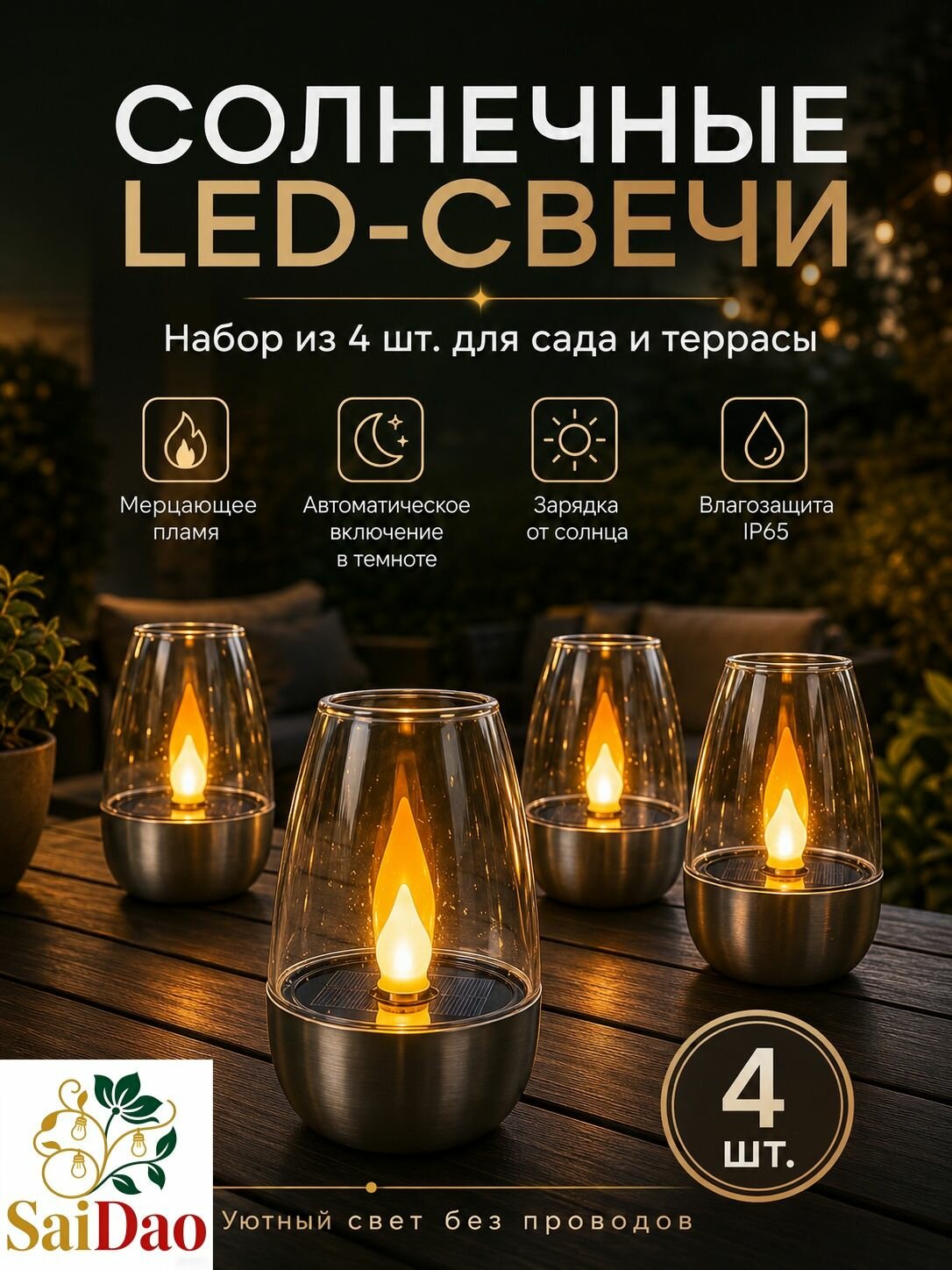 Уличный светильник "Свеча", реалистичный эффект пламени, на солнечной батарее, автономный, 4 шт.
