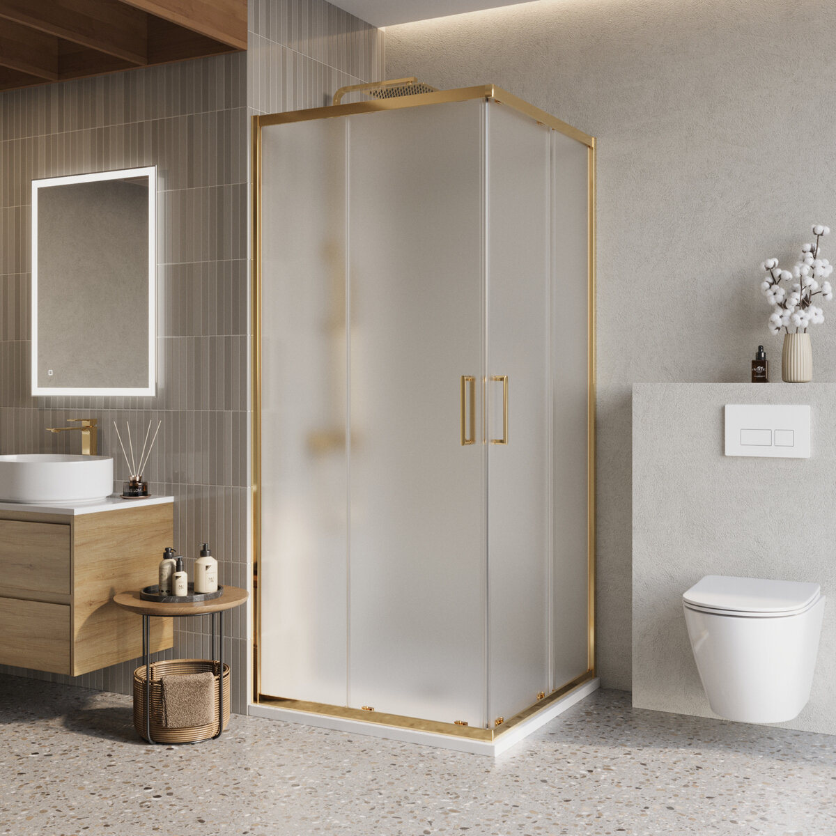 Душевой уголок BelBagno Luce LUCE-A-2-90-P-ORO 90х90 см, профиль золото, стекло рифленое