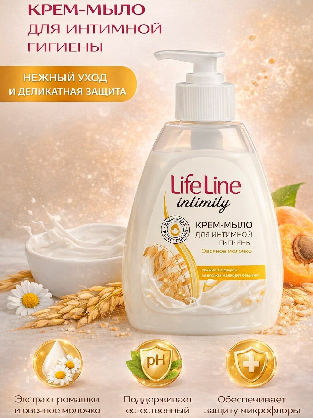 Life Line Крем-мыло жидкое для интимной гигиены, Овсяное молочко, 280мл