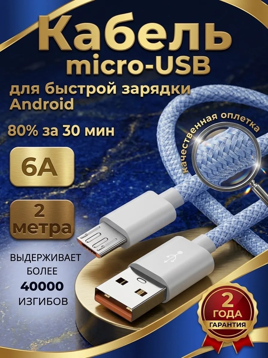 Кабель Micro USB с быстрой зарядкой для Android, 2 метрa, голубой , в нейлоновой оплетке