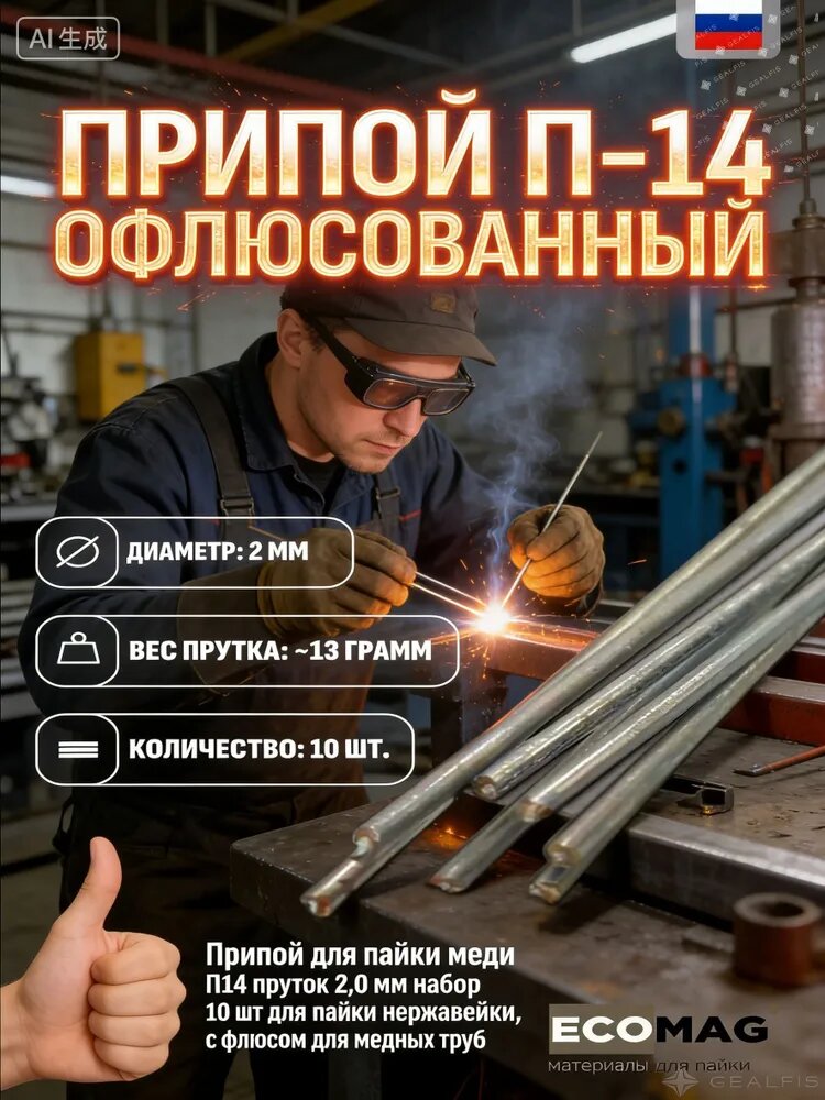 Припой для пайки меди П14 пруток 2,0 мм набор 10 шт для пайки нержавейки, с флюсом для медных труб