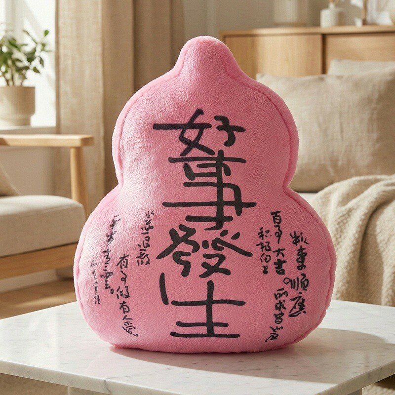 Yellow gourd plush pillow with padded stitching for housewarming gift, pink