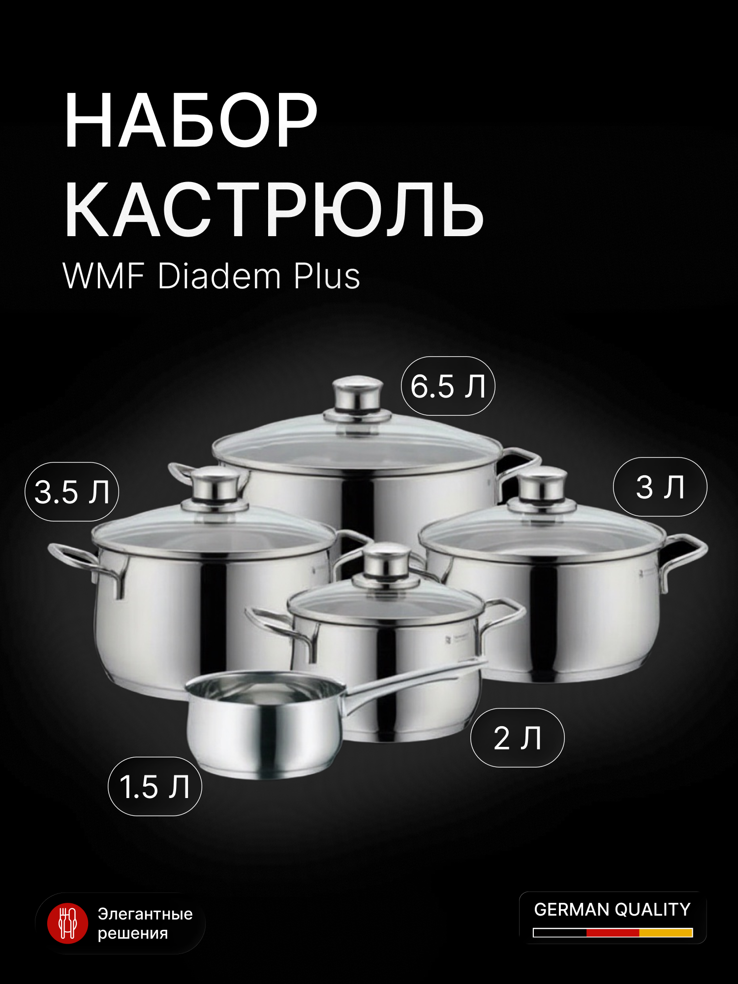 Набор кастрюль WMF Diadem Plus из 5 предметов, со стеклянной крышкой, для всех типов плит