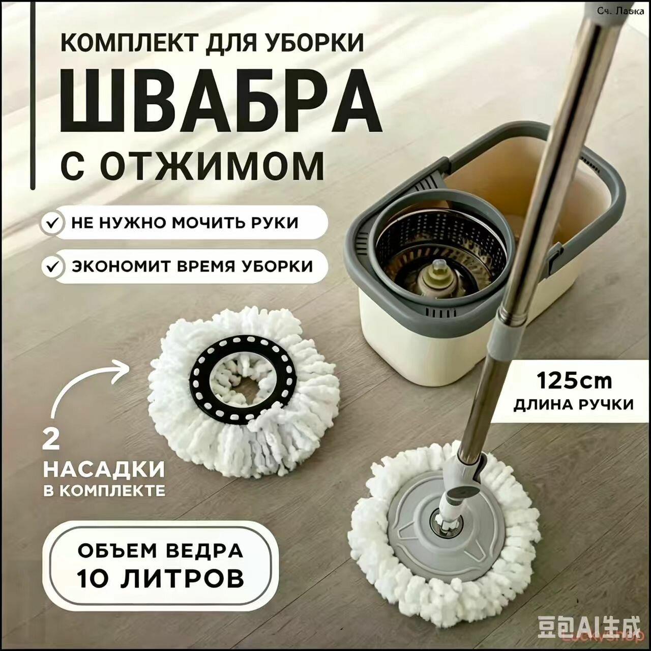 Швабра Швабра с отжимом и ведром круглая с 4 насадками, длина 110 см