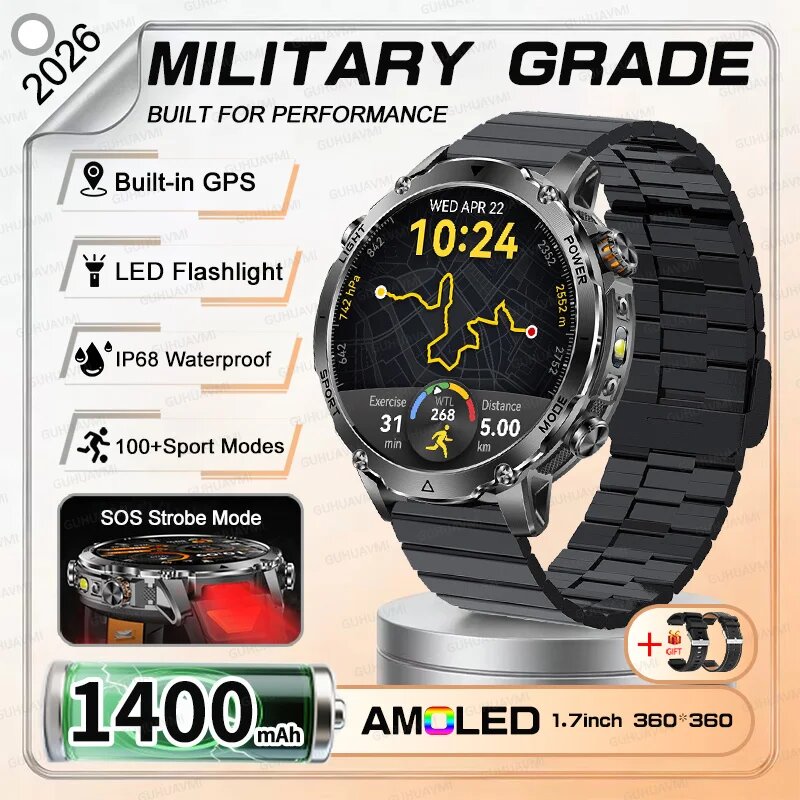 Мужские умные часы Военного класса с аккумулятором 1400 мАч Серый, Black Steel B 2A