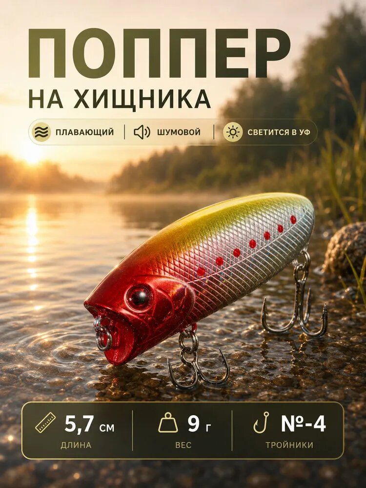 Поппер на щуку, воблер шумовой поверхностный Malas 57 мм, Вес 9 гр, цвет 21 Nishiki