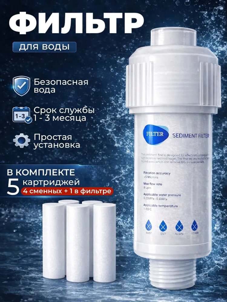 Фильтр для душа + 5 картриджей от жесткой воды, хлора и ржавчины.