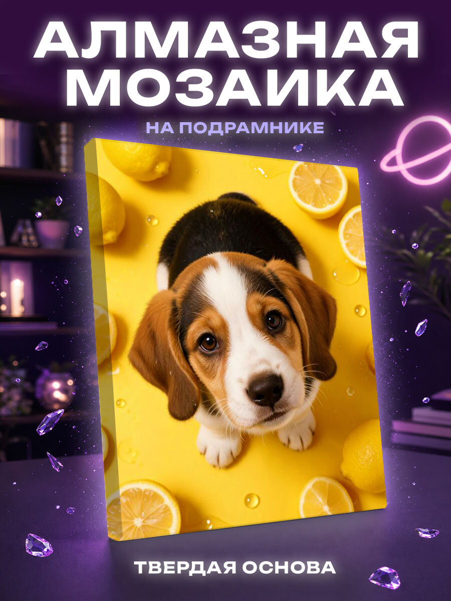 Алмазная мозаика Щенок бигля и сочные неоновые лимоны