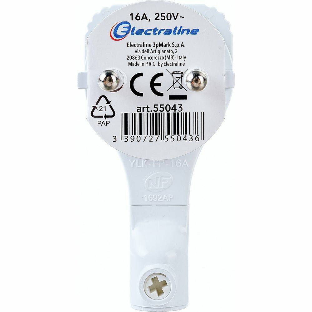 Угловая плоская вилка за шкаф с/з, 16А, белая FLAT PLUG Electraline 55043 — фото 1