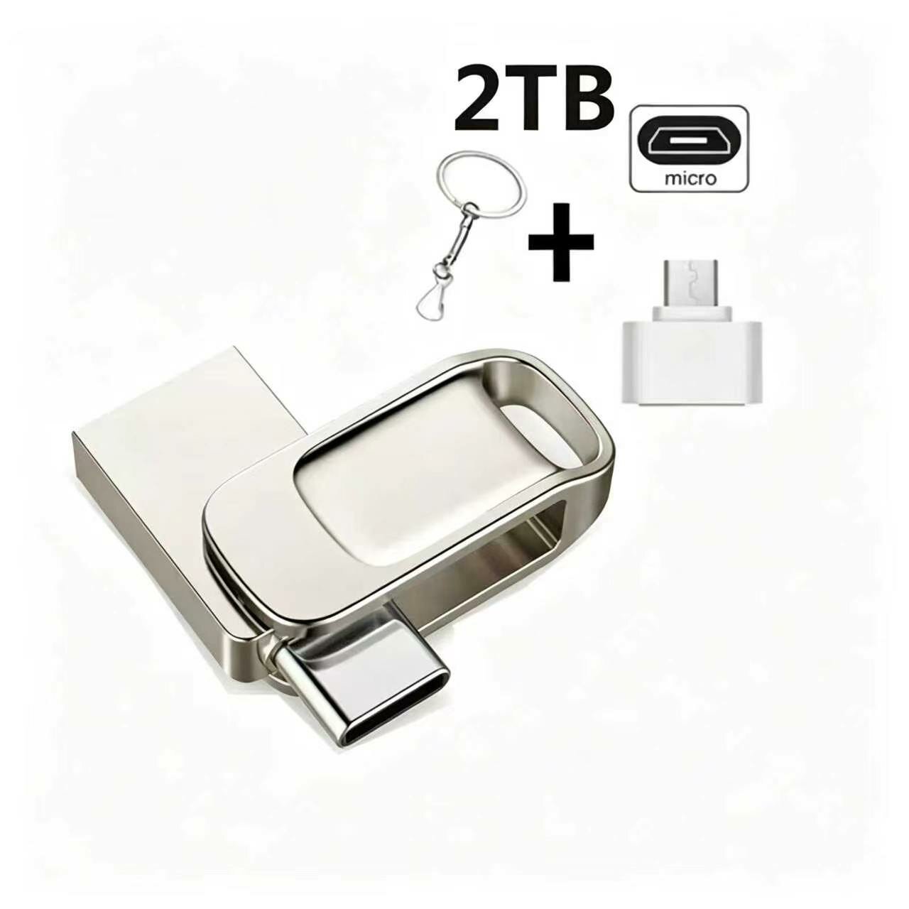1. Огромная емкость 2 ТБ! Поворотная флешка 2в1 Type-C с переходником Micro USB и брелоком в подарок