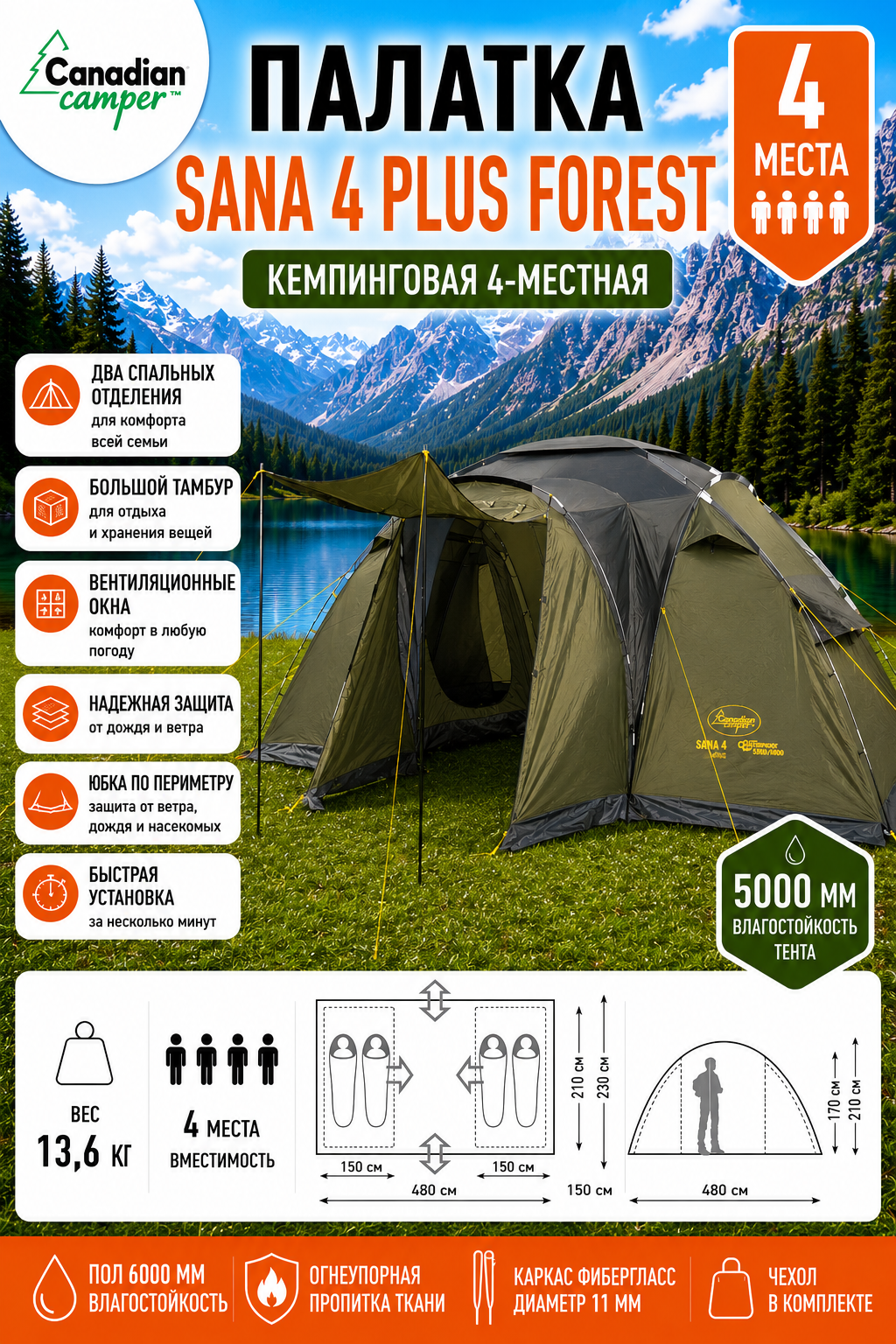 Палатка Canadian Camper Sana 4 Plus forest, кемпинговая 4 местная палатка с двумя спальными отделениями, водонепроницаемая 5000 мм, с защитой от дождя и ветра, для туризма и отдыха на природе