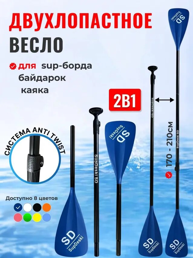 Разборное весло для сапборда, каяка, каноэ двухлопастное синее