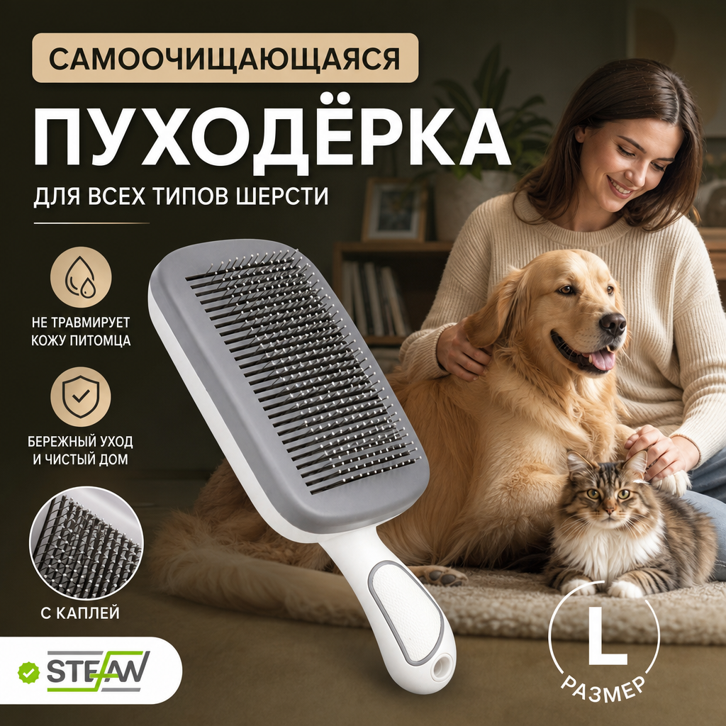 Фурминатор для вычесывания подшерстка кошек и собак, удаление подшерстка, массажный эффект, STEFAN