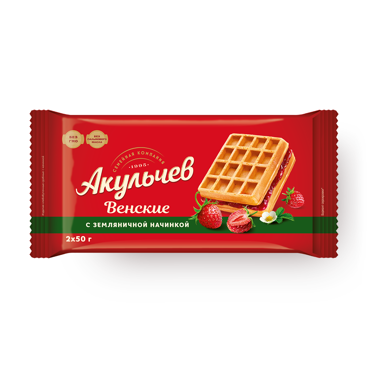 Вафли Акульчев "Венские", с земляникой, флоу-пак, 1 упаковка, 100г