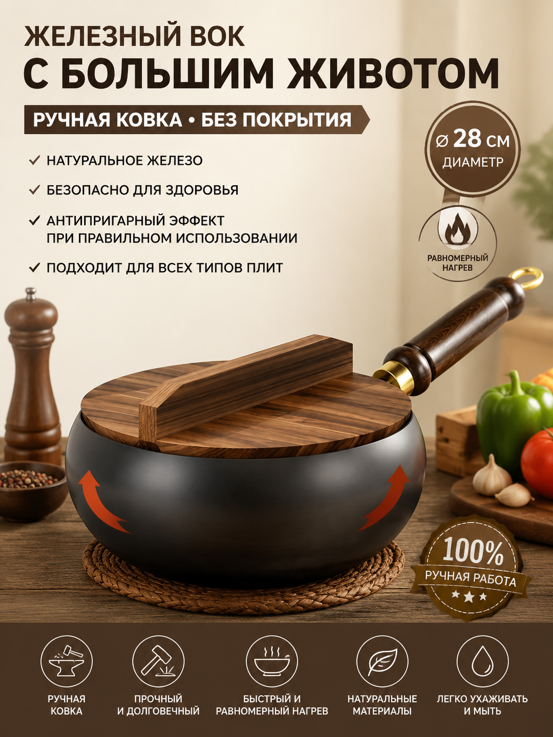 Чугунная сковорода Wok "Большой живот" 28см/11in, антипригарная без покрытия, глубокая жарка с защитой от брызг