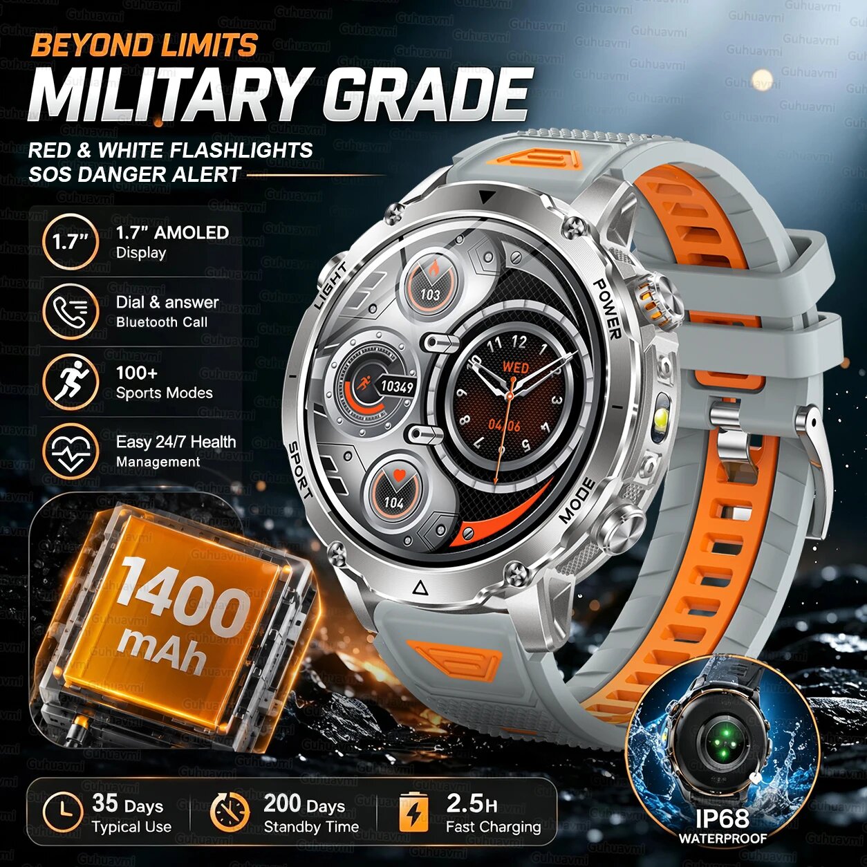 Мужские умные часы Beyond Limits Military Grade Grey Orange IP68