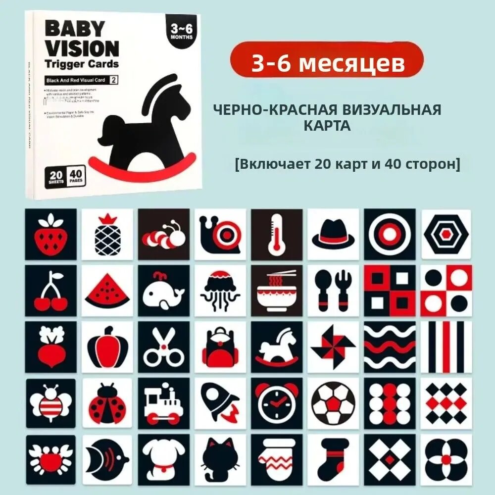 Контрастные карты Монтессори для младенцев 0-12 месяцев, черно-белые
