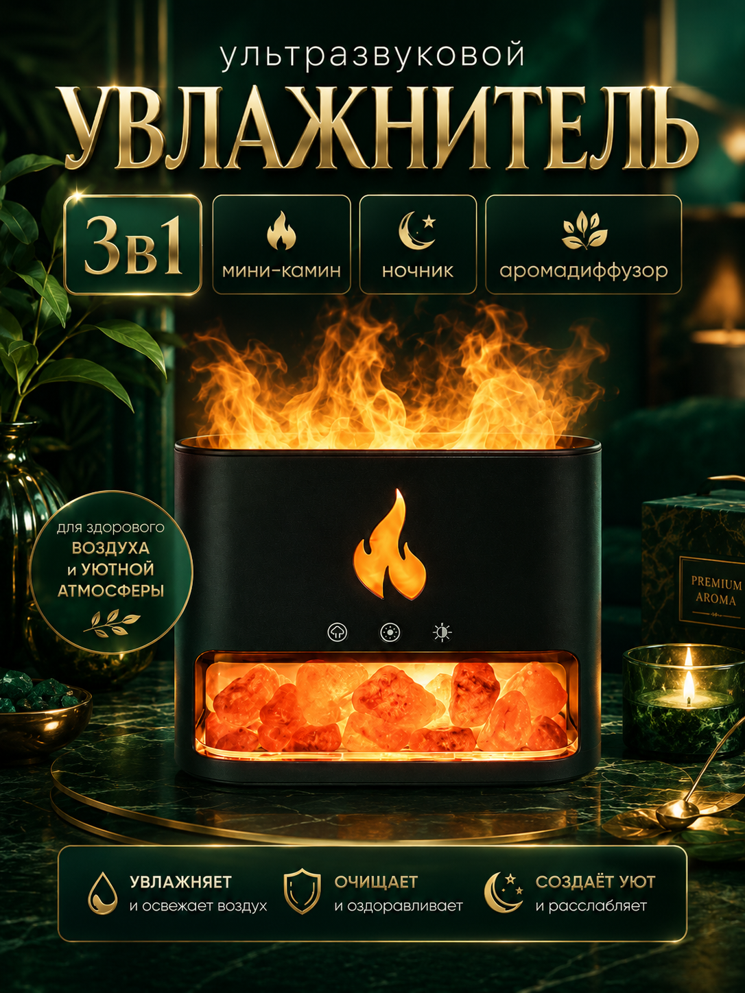 Увлажнитель воздуха с подсветкой FLAME с гималайской солью, Ультразвуковой аромадиффузор ночник для дома, Черный