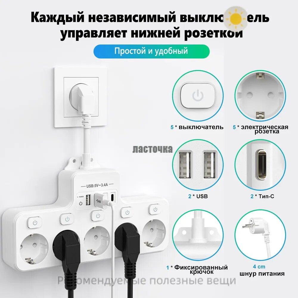 HITRENDS удлинителя с 2 USB и 2 быстрой зарядки Type-C, 5 разъемов, независимый выключатель, белое