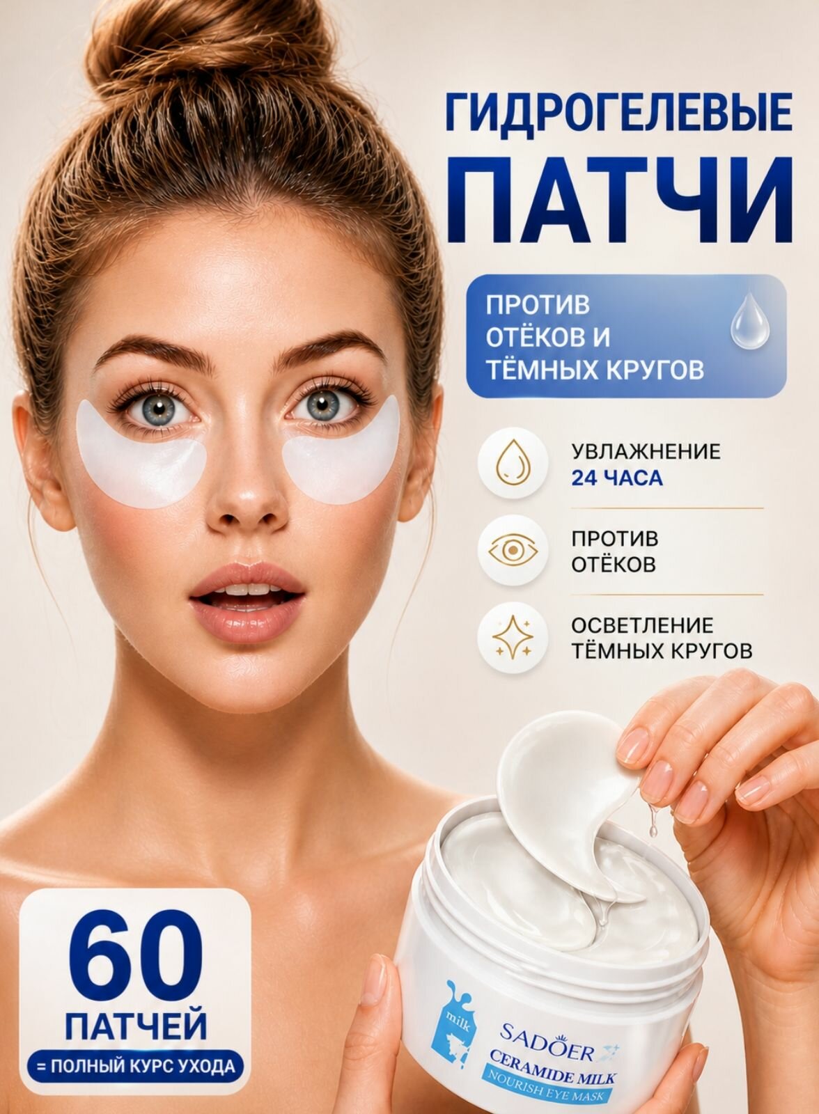 Гидрогелевые патчи для глаз от отеков и темных кругов, 60 шт