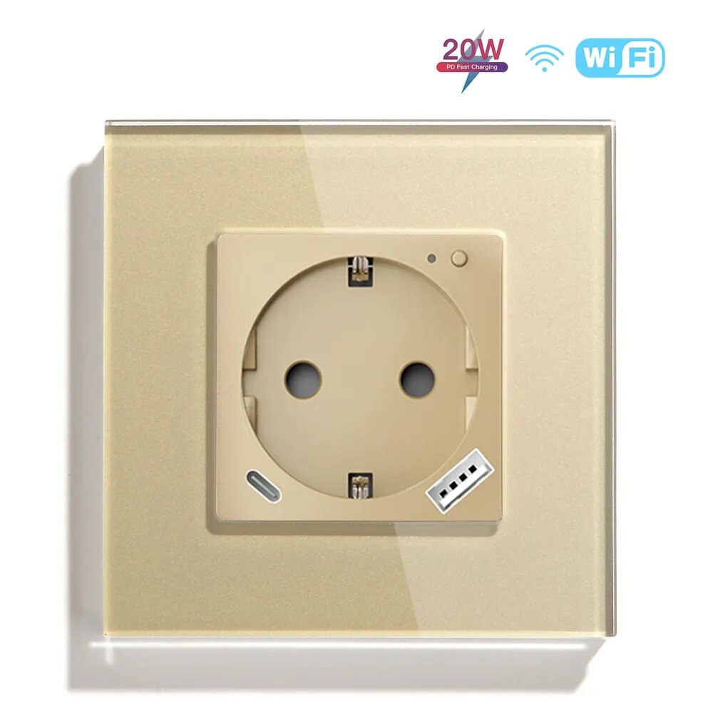 Розетка Умная WiFi одинарная с USB и type-C входами, быстрая зарядка 20W, с мониторинг потребления, рамка стекло Золотой