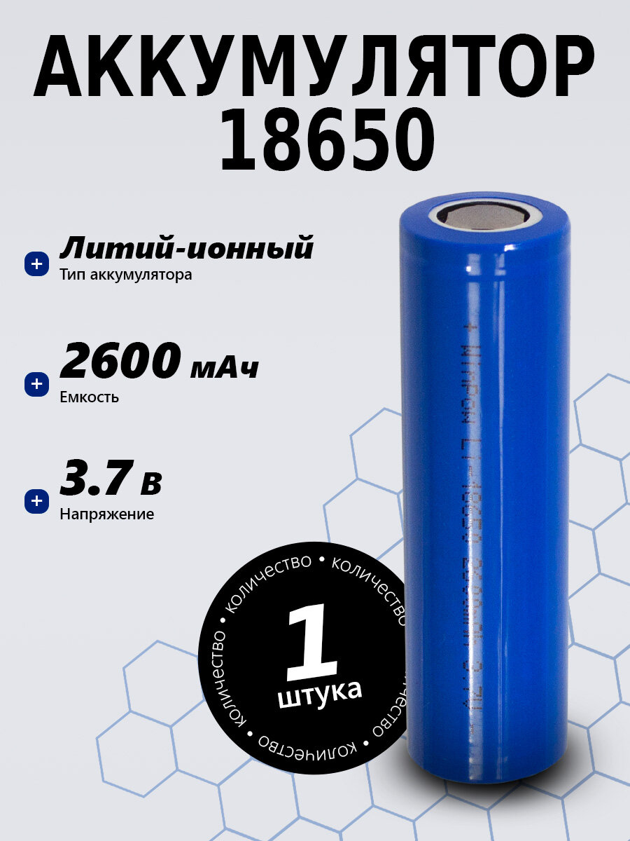 Аккумулятор RUPOS 18650, 2600mAh, для мощных устройств, синий, без защиты