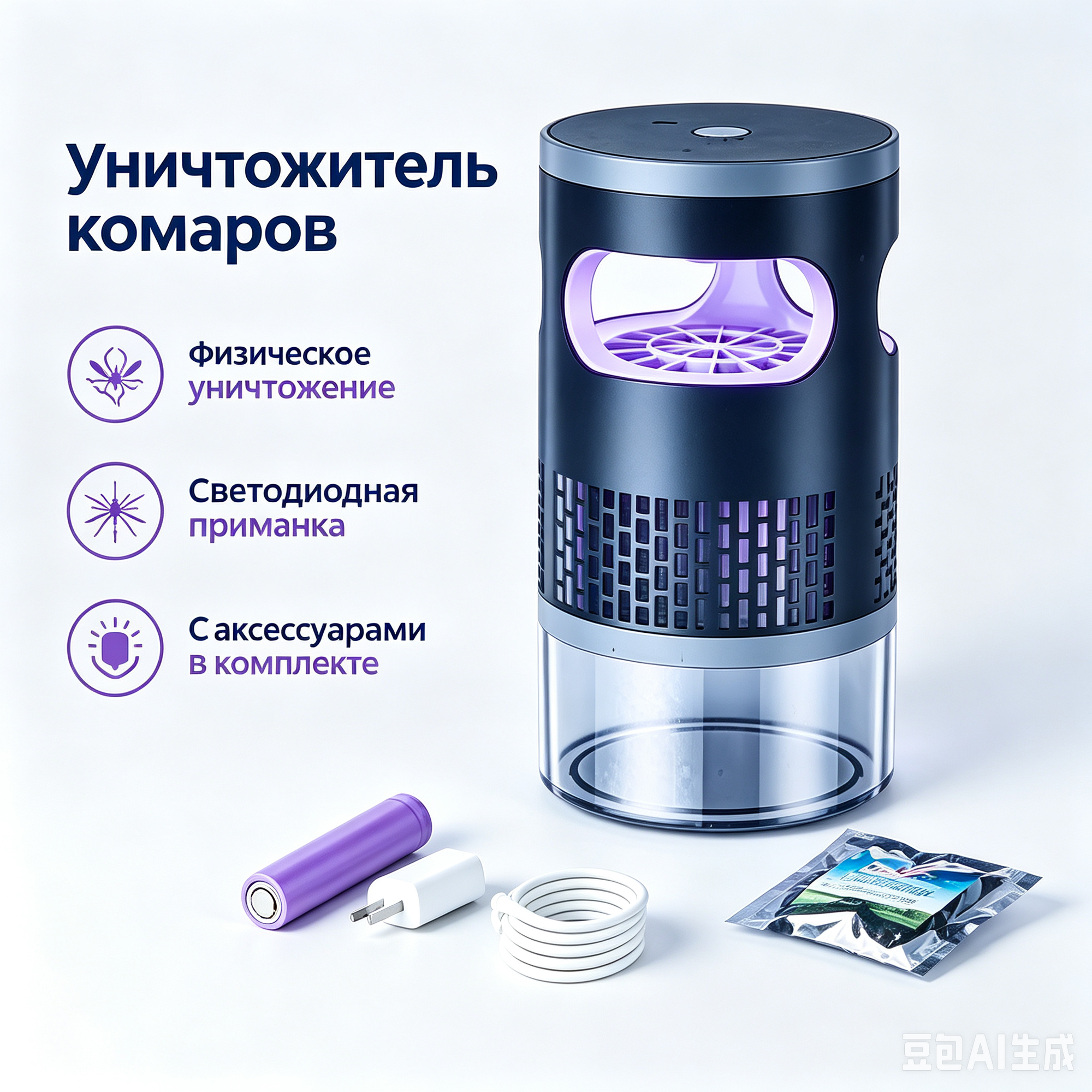 Аккумуляторная антимоскитная лампа-ловушка, УФ-привлечение, бесшумная, с зарядным устройством и приманкой