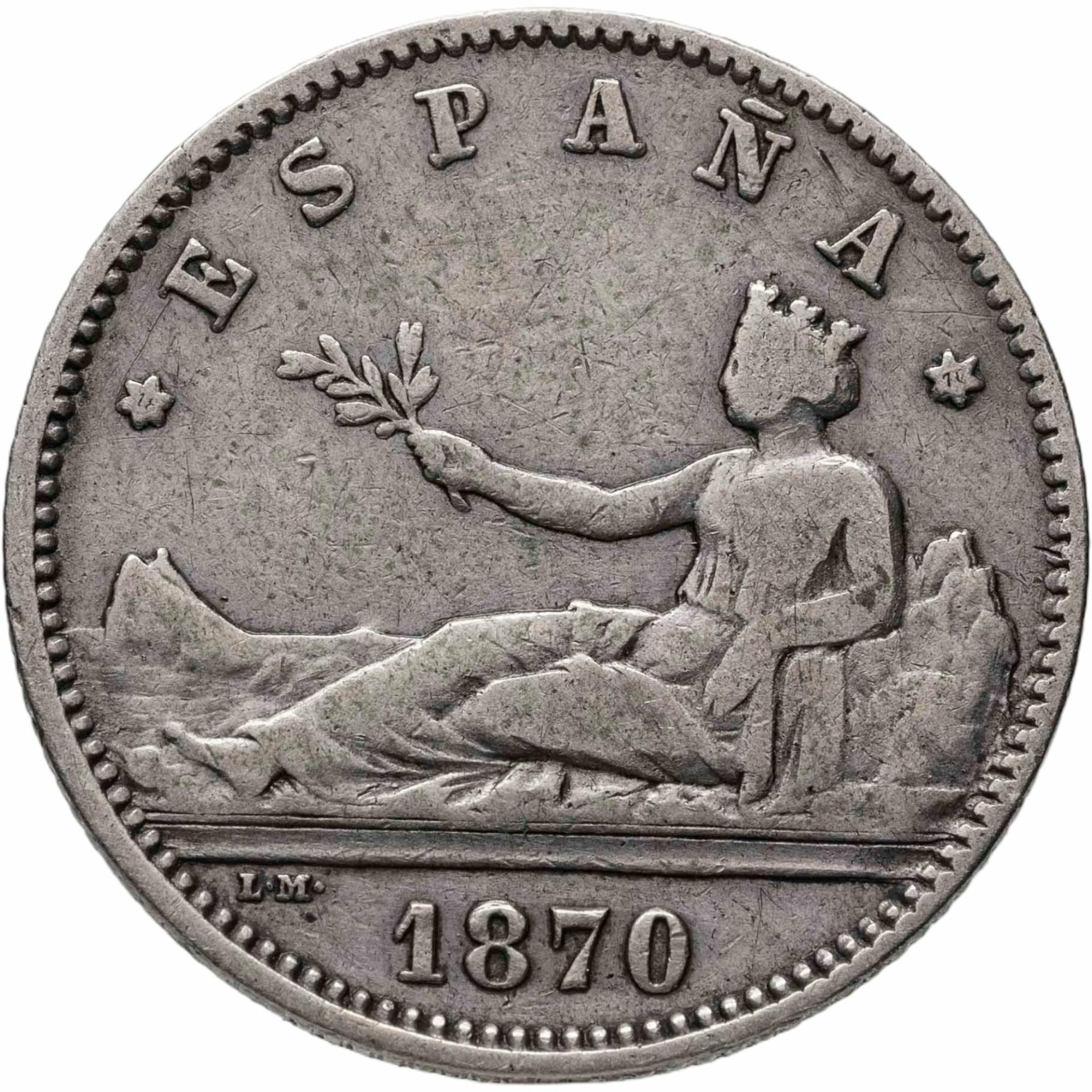 Испания 1 песета 1870, Серебро 835, в сохранности VF