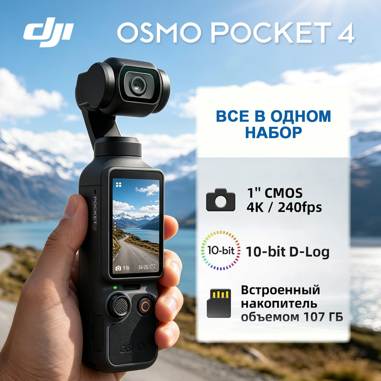 DJI Osmo Pocket 4, 1- дюймовая карманная камера, 180- градусная панорама，большой фотоподарок — — Все в одном набор