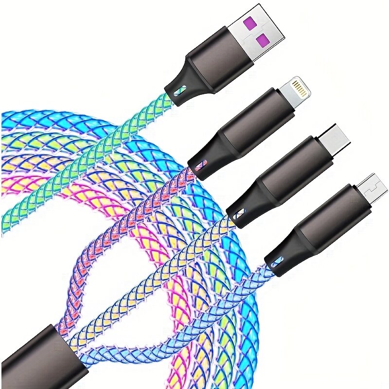 3-в-1 зарядный кабель с RGB-градиентом, USB-A - USB-C/Lightning/Micro USB, 120 см, для iPhone 15/16, Vivo, OPPO и других Android