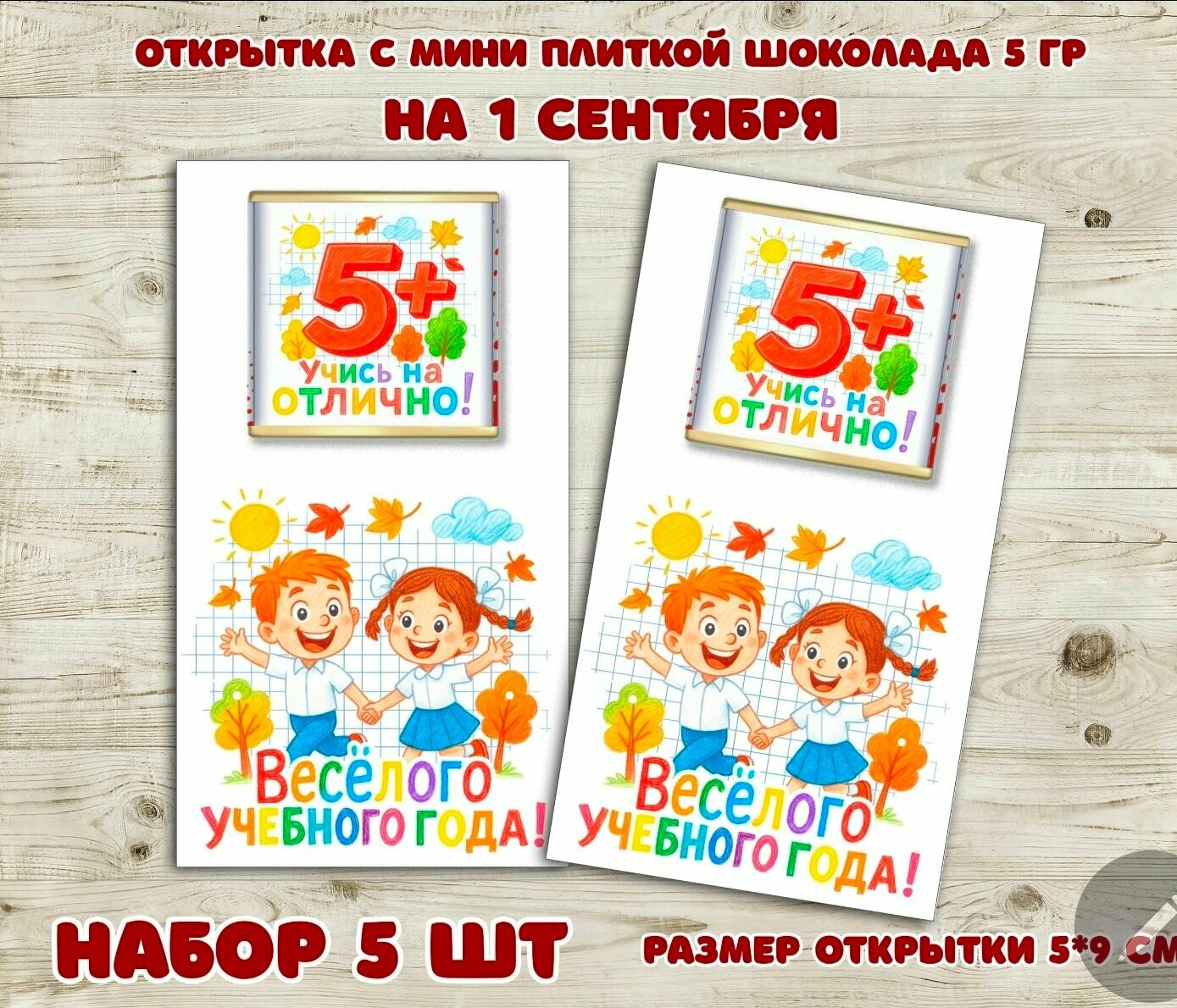 Шоколад 5 гр на открытке подарок детям на 1 сентября день знаний. набор 5 шт по 5 гр. 1 набор