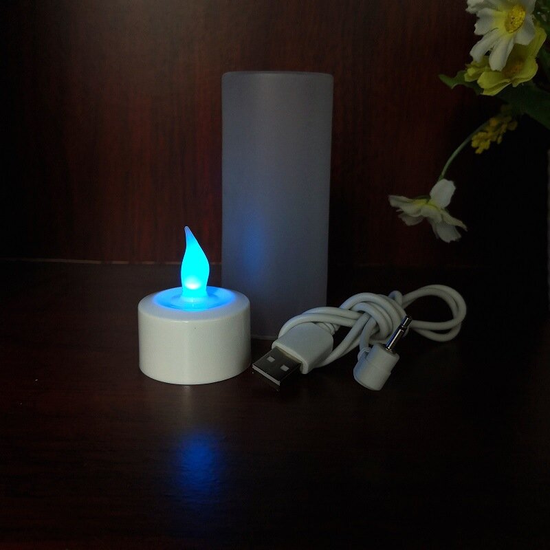 USB перезаряжаемая свеча с белым корпусом и синим мерцающим светом
