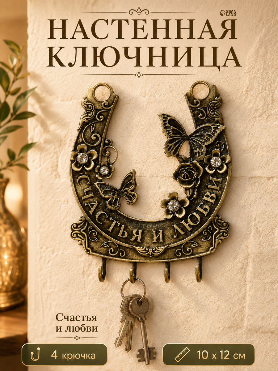 Ключница "Счастья и любви", 10 х 12,2 см, на стену, металл, 4 крючка