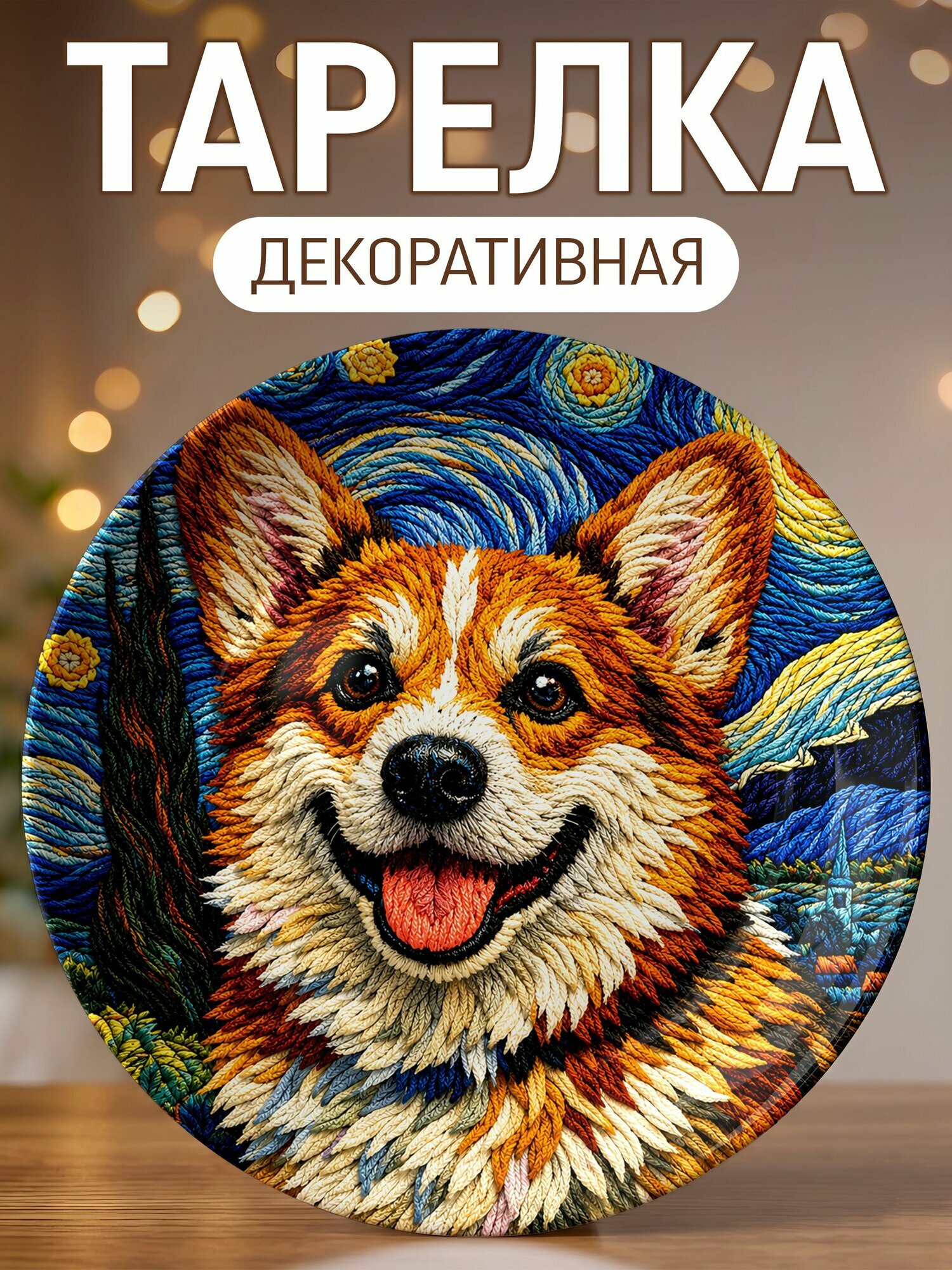 Тарелка декоративная Собаки Ван Гог Звездрая ночь Вельш-корги