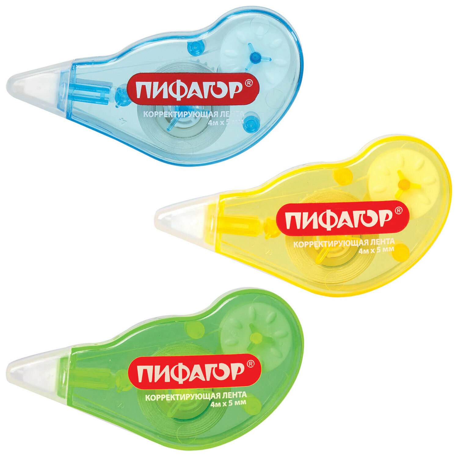 Упаковка 16 шт. Корректирующая лента пифагор, 5 мм х 4 м, корпус ассорти, механизм перемотки, блистер, 227803