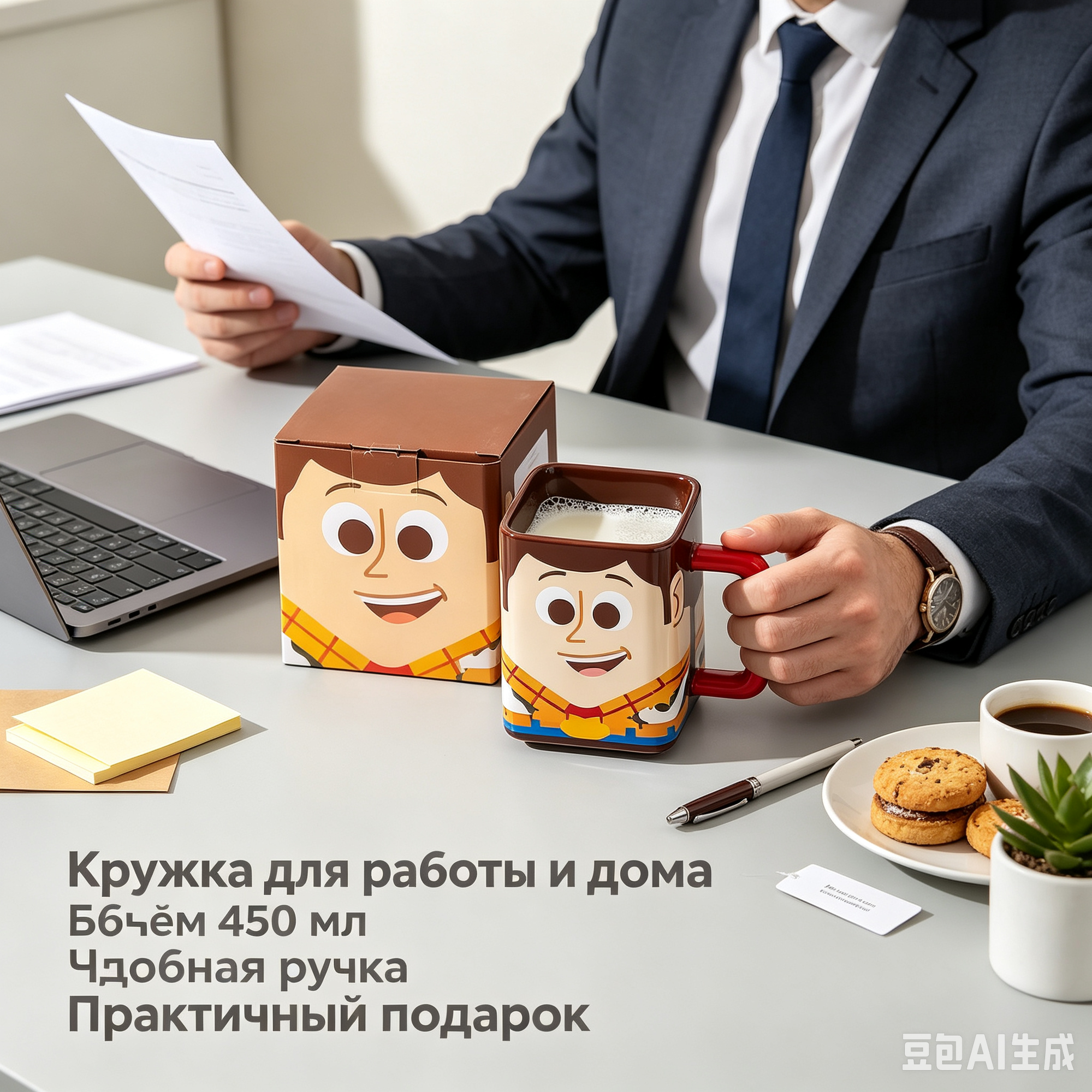 Чашка для воды с милым мультяшным персонажем, керамический материал, 450 мл， Изысканный подарок, коричневый