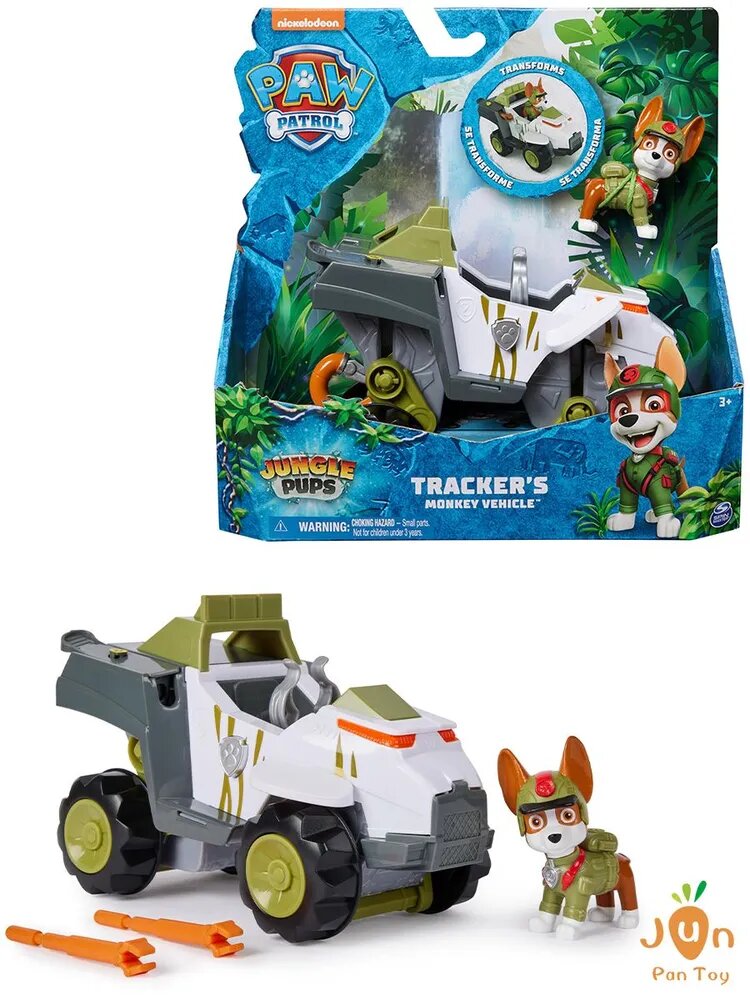 Paw Patrol Tracker's Jungle Pups / Тематический набор игрушек "Tracker", включающий спасательную машину на тему джунглей и куклу-персонажа, подходит для подарков детям старше 3 лет.