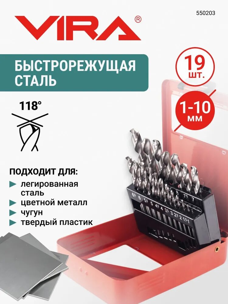 Набор сверл по металлу 1-10 мм HSS 19 шт в металлическом кейсе VIRA