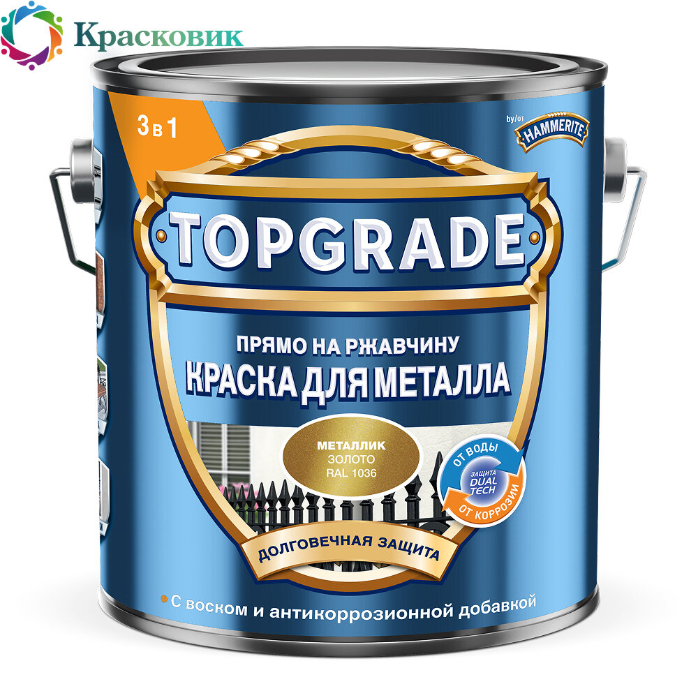 Краска TOPGRADE (HAMMERITE) для металла прямо на ржавчину гладкая, глянцевая, RAL 1036 золотой 2л