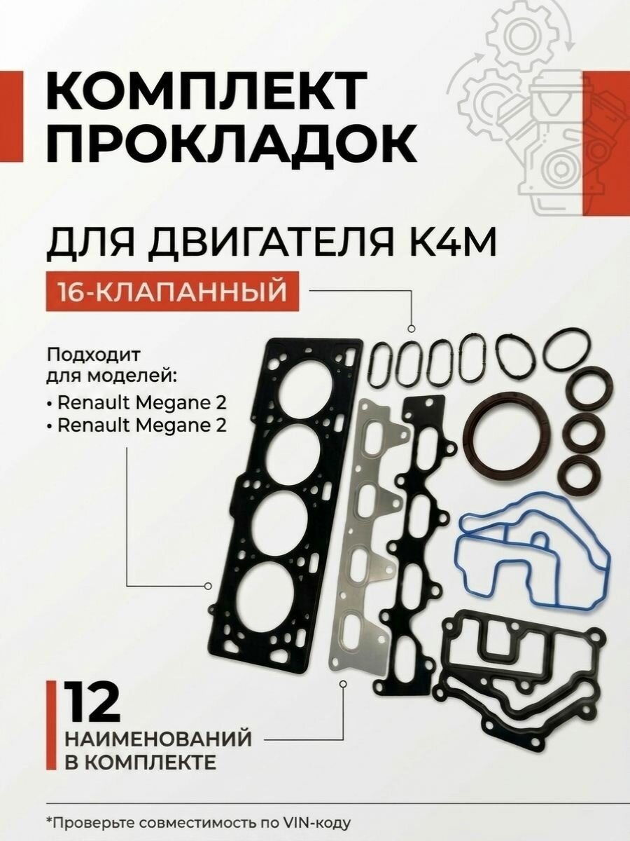 Комплект прокладок для Renault Megane 2. Двигатель K4M 16 клапанный. 12 наименований. Оригинальный артикул - 7701471886