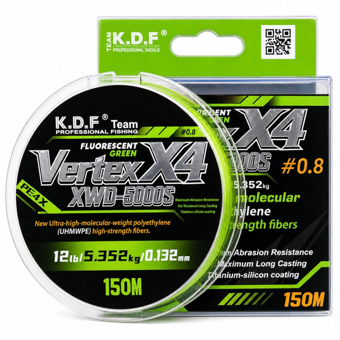 Плетеный шнур, универсальный, K.D.F Vertex X4 XWD-5000S 0,153 мм 150 м флюоресцентно-зелёный