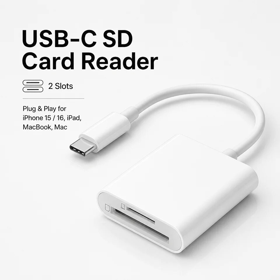 Устройство для чтения карт памяти 2-в-1 USB-C Type-C с двумя слотами для SD и MicroSD, Plug & Play для iPhone 15, 16, 17, iPa.