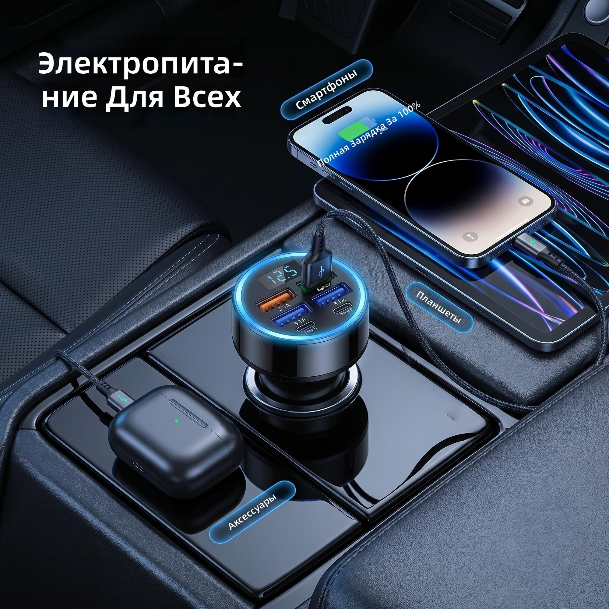 Супербыстрая автомобильная зарядка 6-в-1 с USB-C, двойным PD и QC3.0, 4 порта USB, цифровой дисплей с матовой текстурой, портативная для авто и телефона