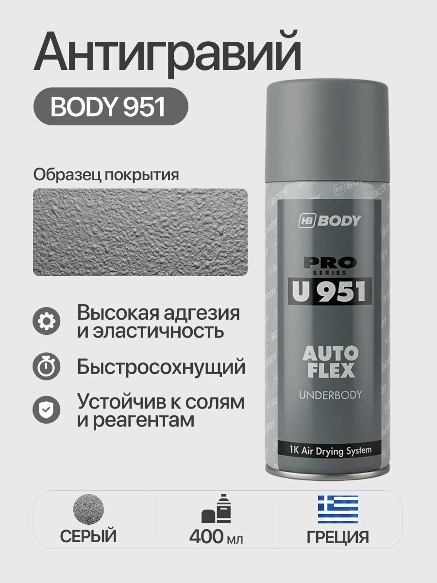 Антигравий для автомобиля, антикоррозийный состав BODY 951 серый, аэрозоль, 400 мл.