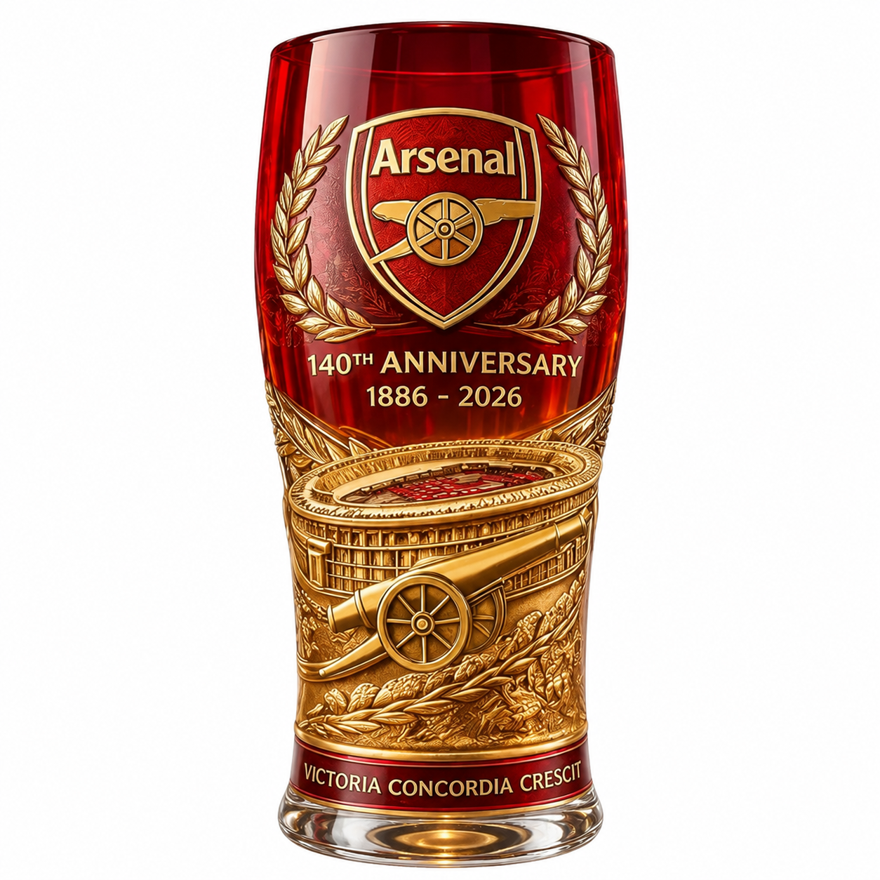 Стеклянный пивной бокал, Футбольный юбилей, Arsenal, Пинтовый стаканчик, Цветное стекло (Объем: 425 мл)